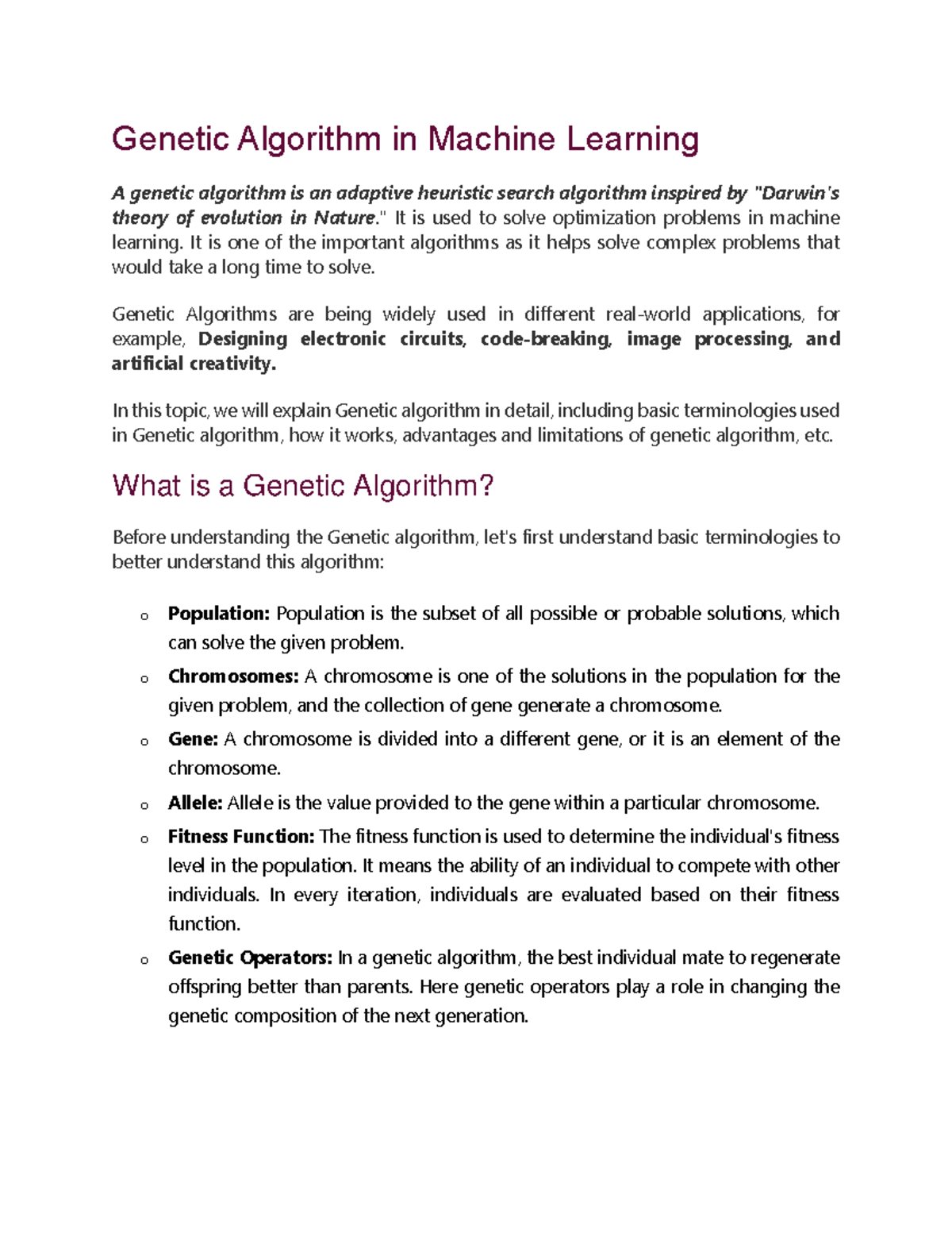Genetic Algorithm in Machine Learning (Course Code: 05) - Studocu