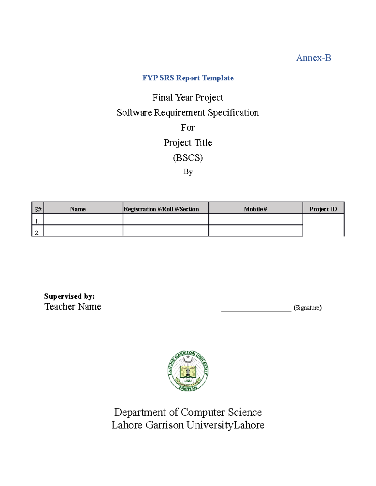 FYP SRS Template (BSCS) for Software Requirement Specification - Studocu