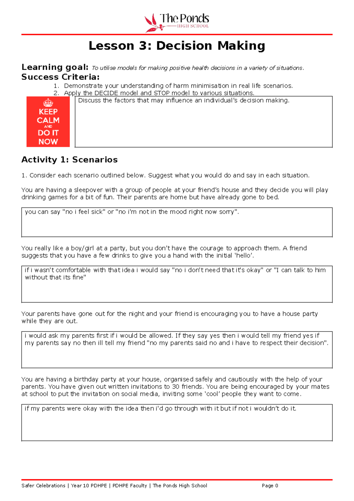 Lesson 3: Decision Making in Health - Year 10 PDHPE - Studocu