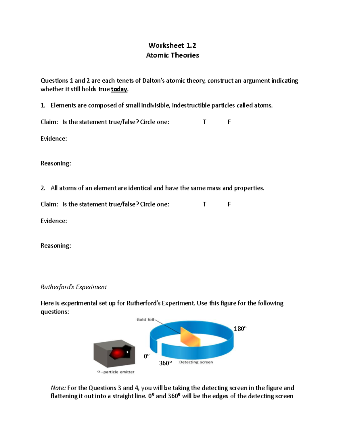Atomic Theories Worksheet 1: Evaluating Dalton & Rutherford Models ...