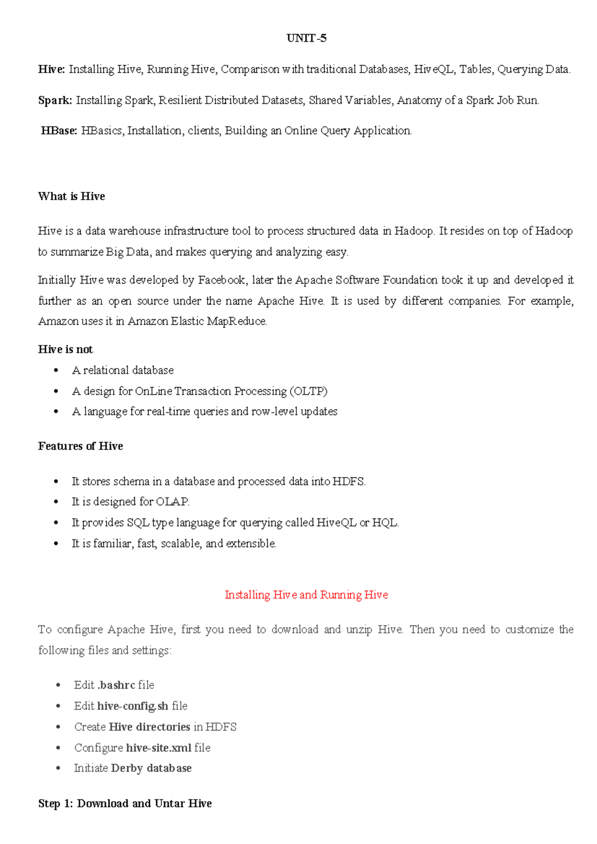 BDA Unit-5: Introduction to Hive, Spark, and HBase Basics - Studocu