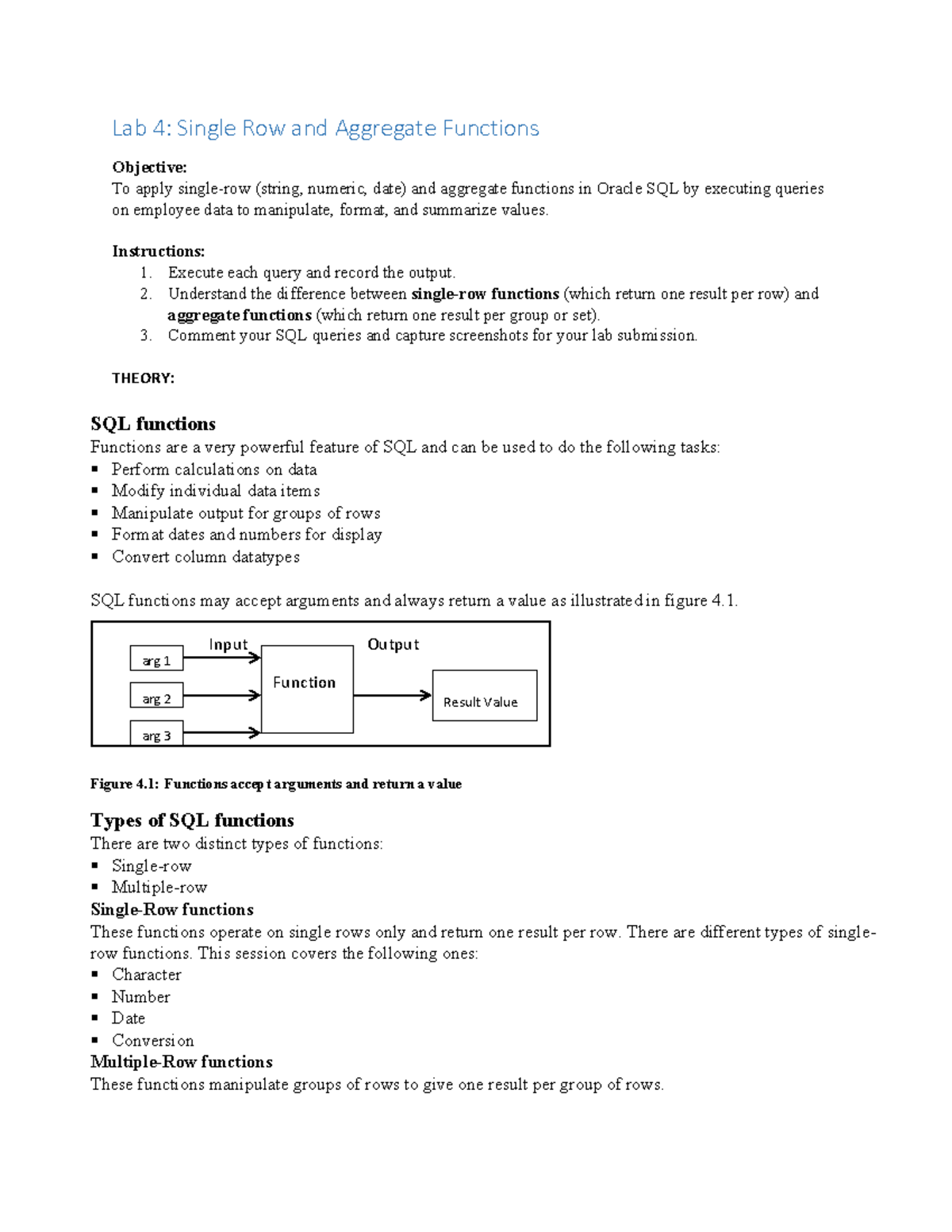 Lab 4: SQL Functions - Single Row & Aggregate Functions Guide - Studocu