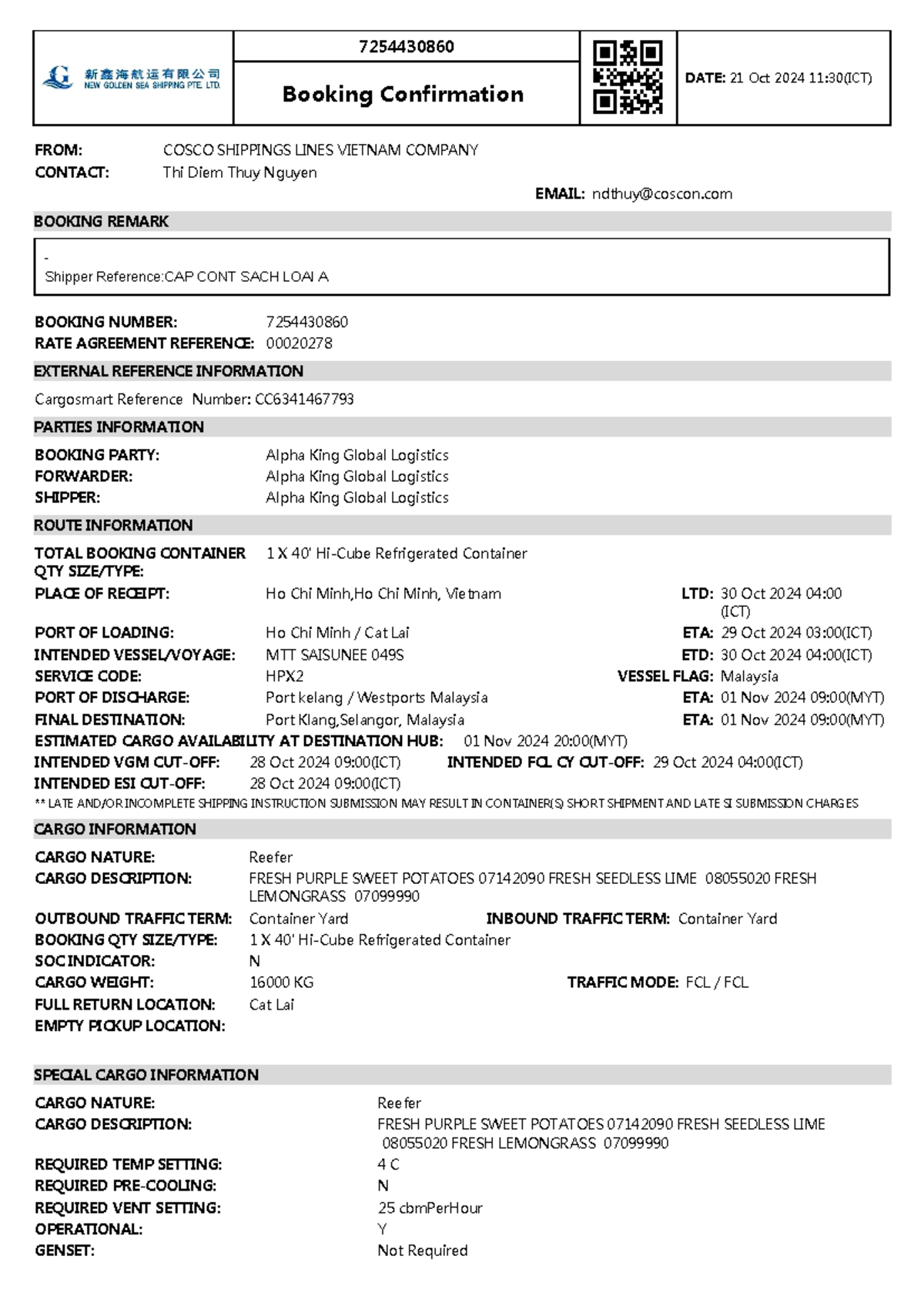 7254430860 Booking Confirmation for Refrigerated Cargo - Studocu