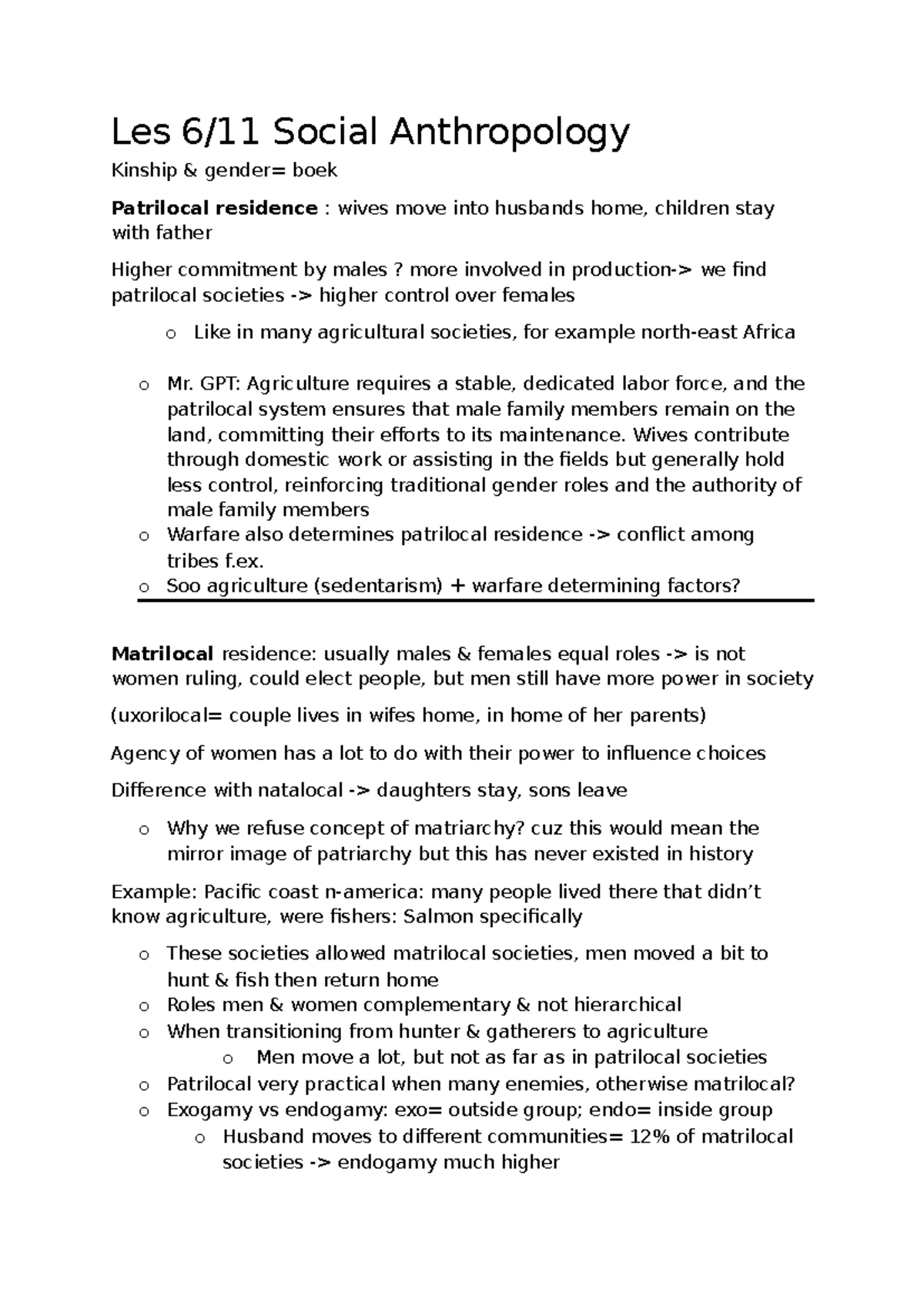 Les 6.11 Social Anthropology: Patrilocal vs. Matrilocal Residence - Studocu
