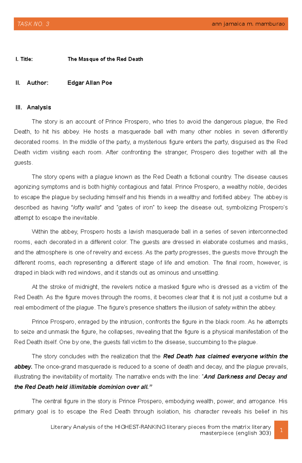 Literary Analaysis - The Masque of Red Death - I. Title: The Masque of ...