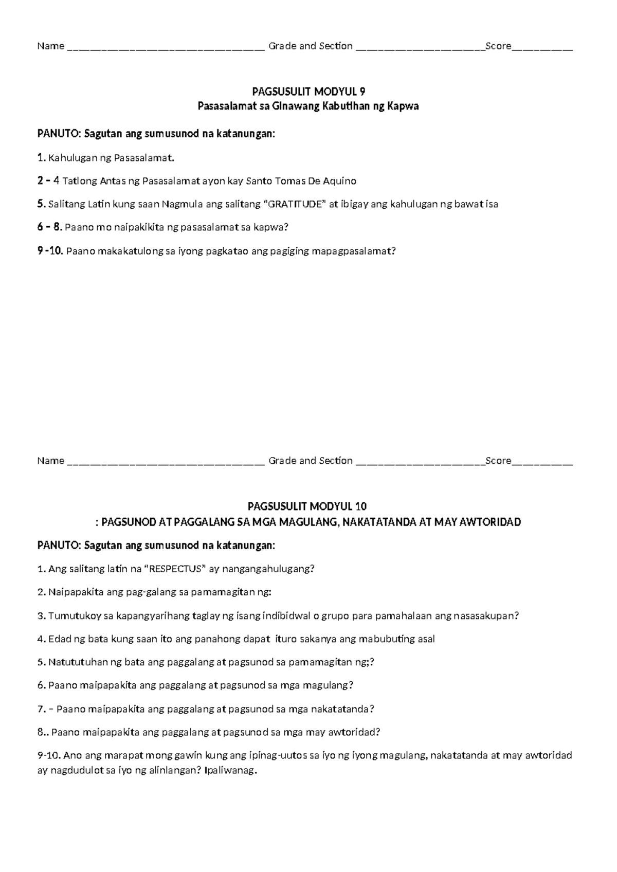 Quizz M10-11 - ESP 8 MODULE 14 SEKSWALIDAD QUIZ - Name