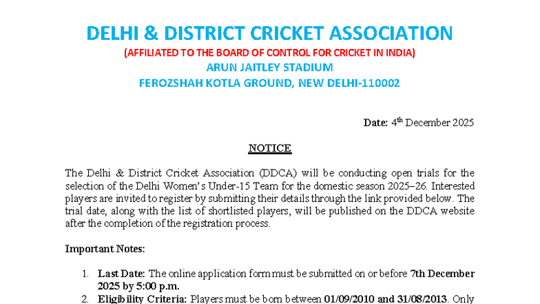 Notice for Open Trials - DDCA Women 15 & Under 2025 - Studocu