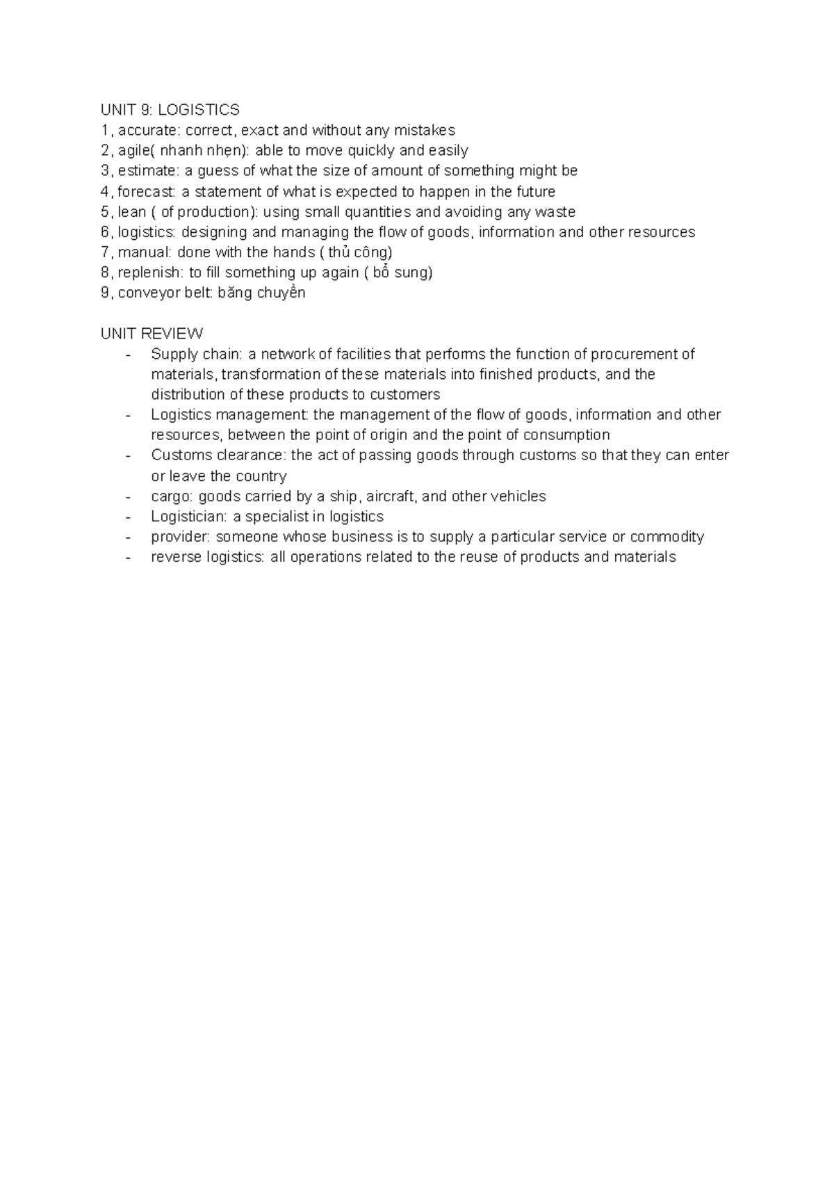 UNIT 9: LOGISTICS 1 - Key Terms and Concepts Review - Studocu