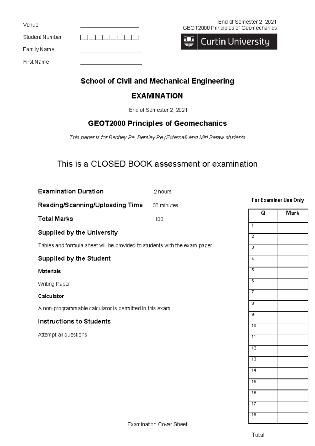 GEOT2000 Final Exam Principles of Geomechanics 2021 - Studocu