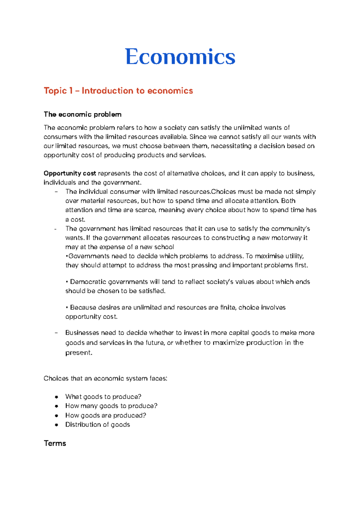Y11 Economics - Topic 1: Introduction to Economic Problems & Choices ...