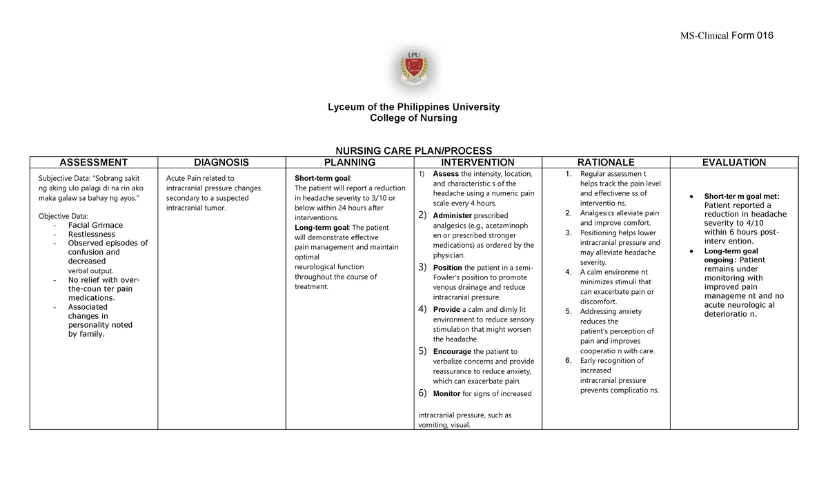 NCP-DE Torres, K - Nursing Care Plan for Acute Pain Management - Studocu
