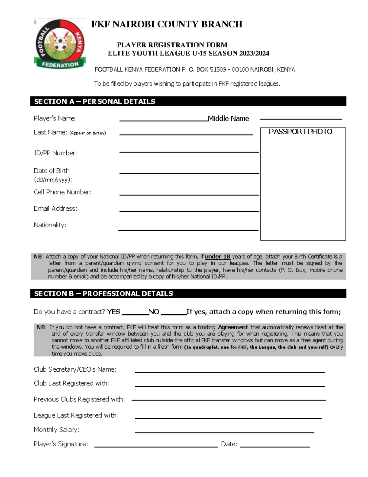 FKF Elite Youth League Player Registration Form - U-15 Season - Studocu