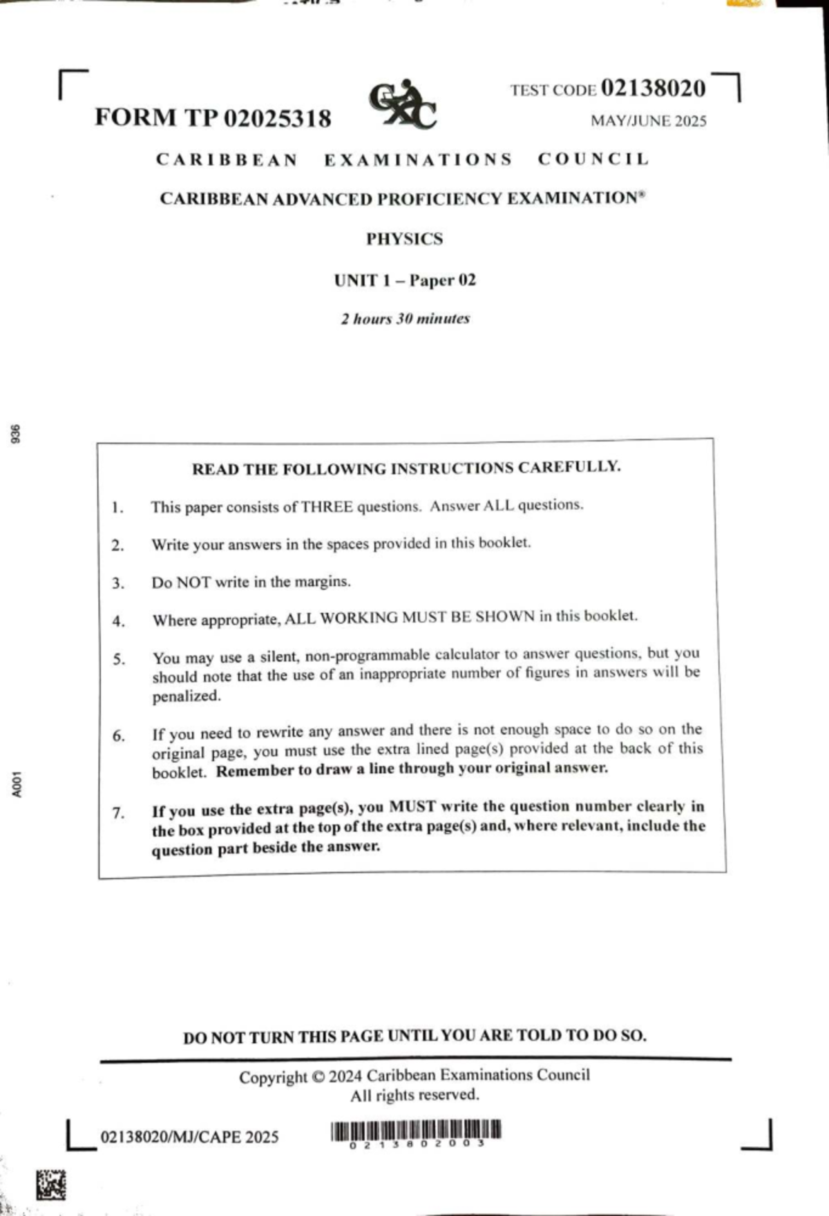 Physics CAPE Unit 1 Paper 02 Exam 2025 - Instructions & Questions - Studocu