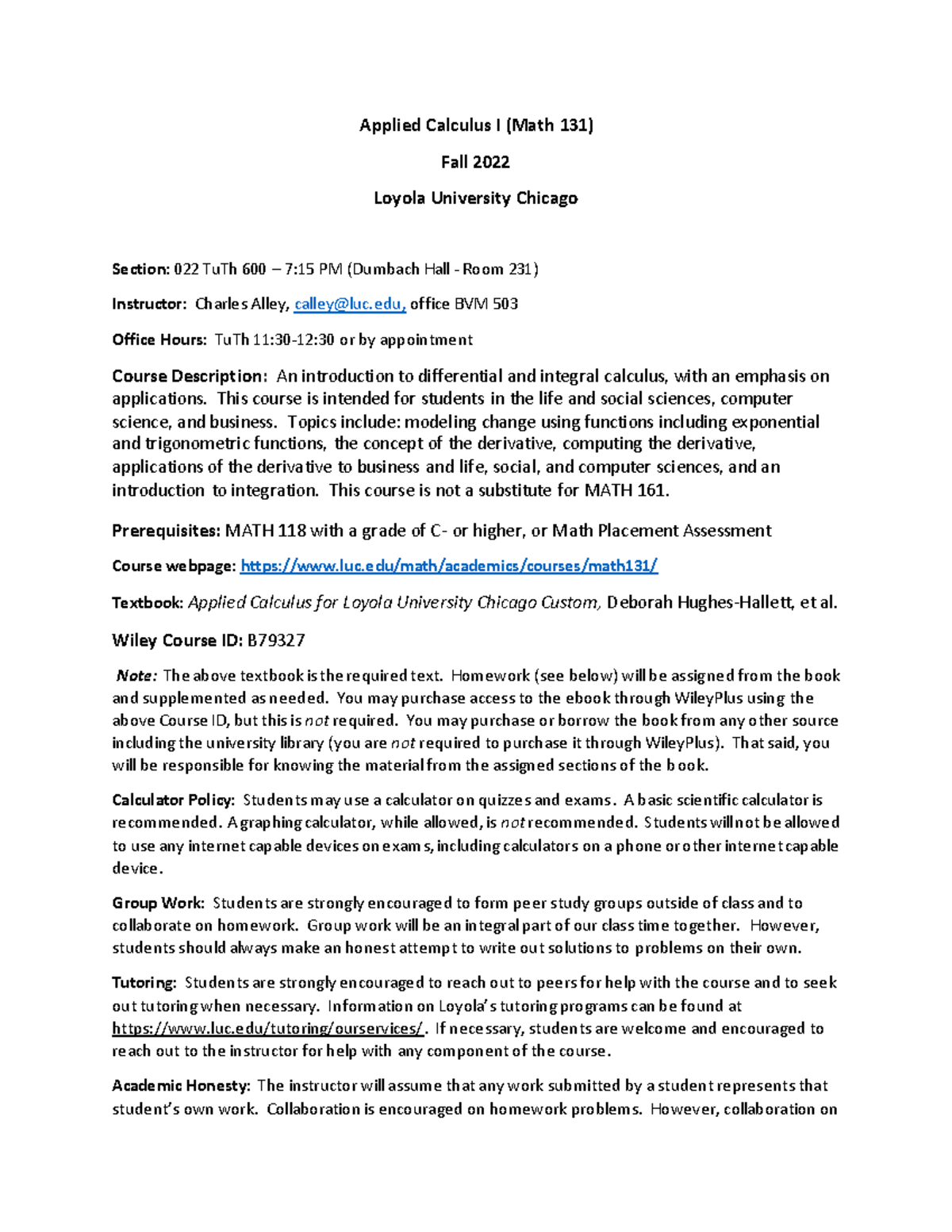 Applied Calculus I Syllabus for Math 131, Section 022 - Fall 2022 - Studocu