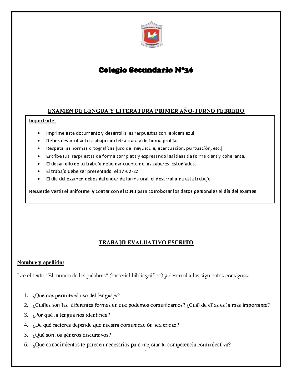 Examen de Lengua y Literatura - 1er Año: Evaluación Febrero - Studocu