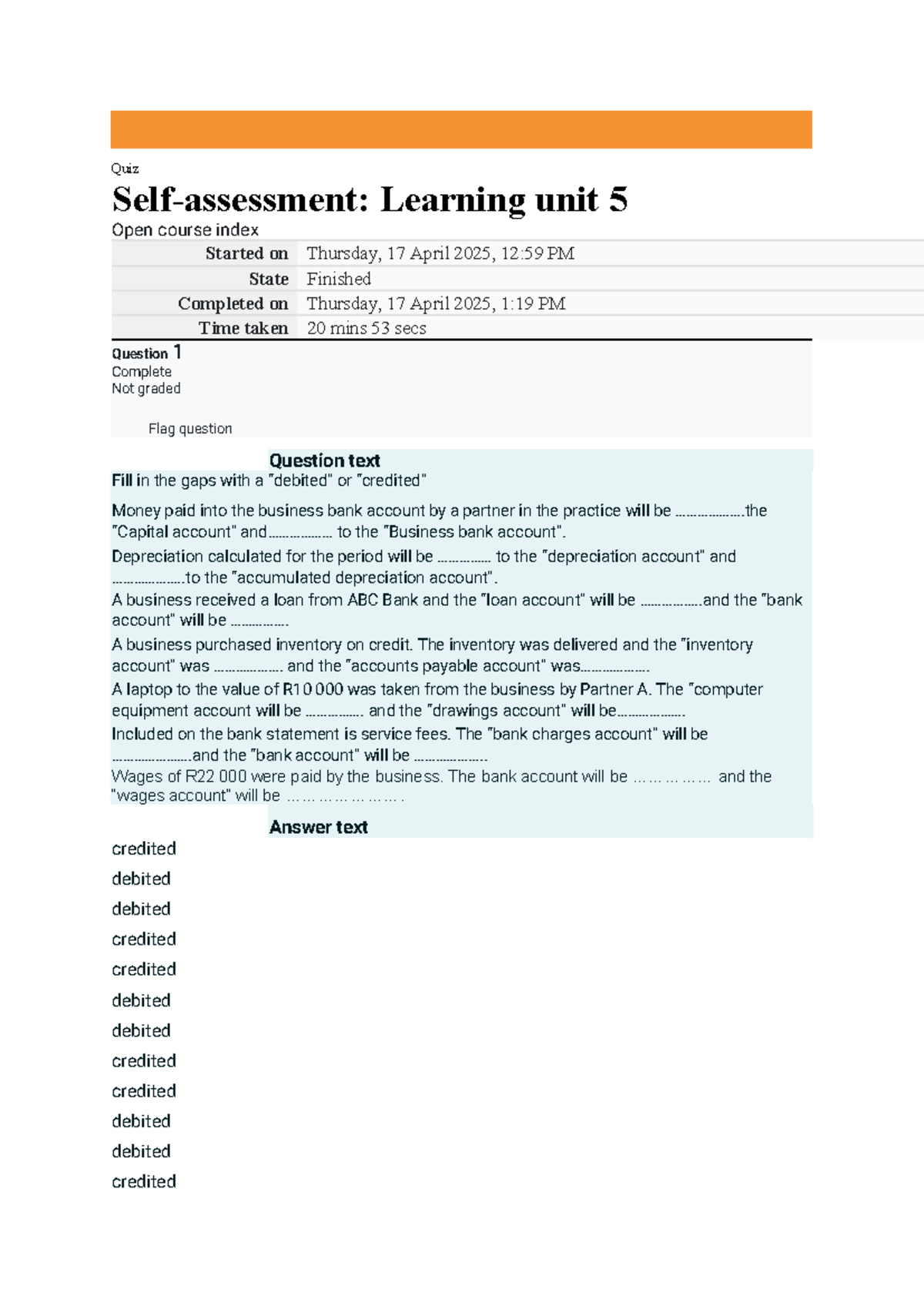 Quiz: Self-Assessment for Learning Unit 5 (Course Code: ACCT101) - Studocu