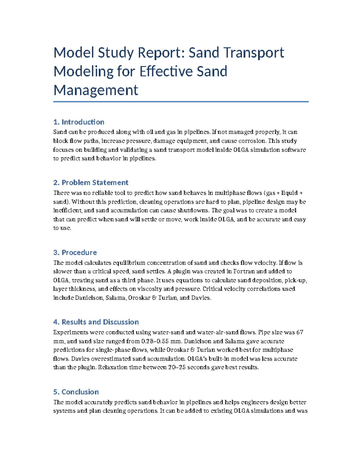 Model Study Report: Sand Transport Modeling in OLGA Simulation - Studocu