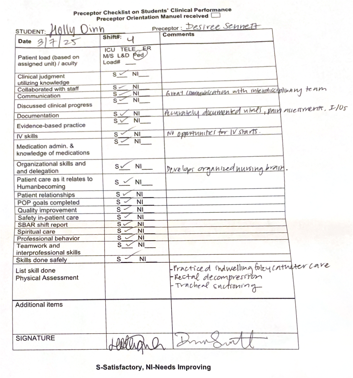 Preceptor Checklist #4 - S NI practice IV skills S NI NO opportunities ...