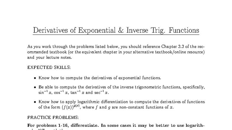 Homework 3.3: Derivatives of Exponential & Inverse Trig Functions - Studocu