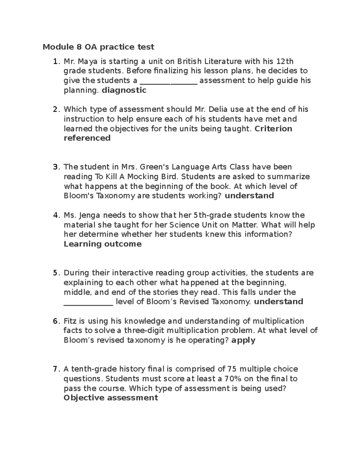 Module 8 OA practice test - Module 8 OA practice test 1. Mr. Maya is ...