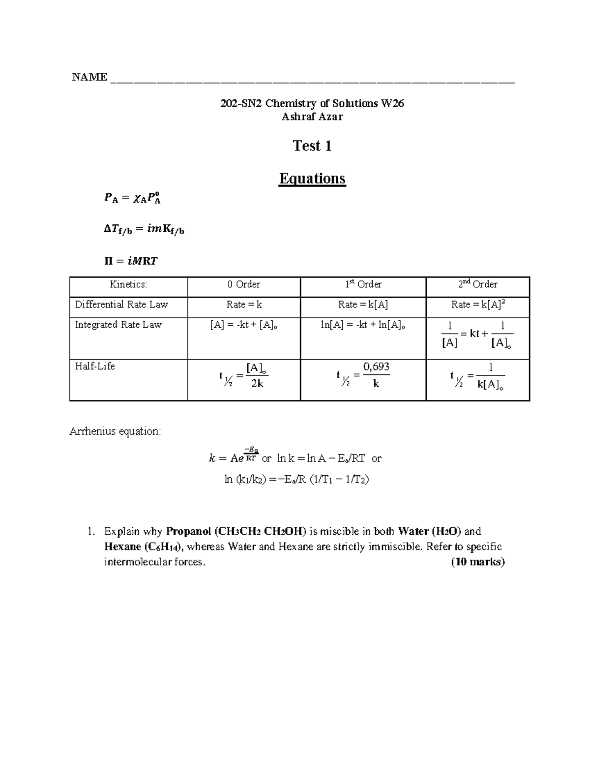 Test 1 W26 - Chemistry of Solutions and Kinetics Equations - Studocu