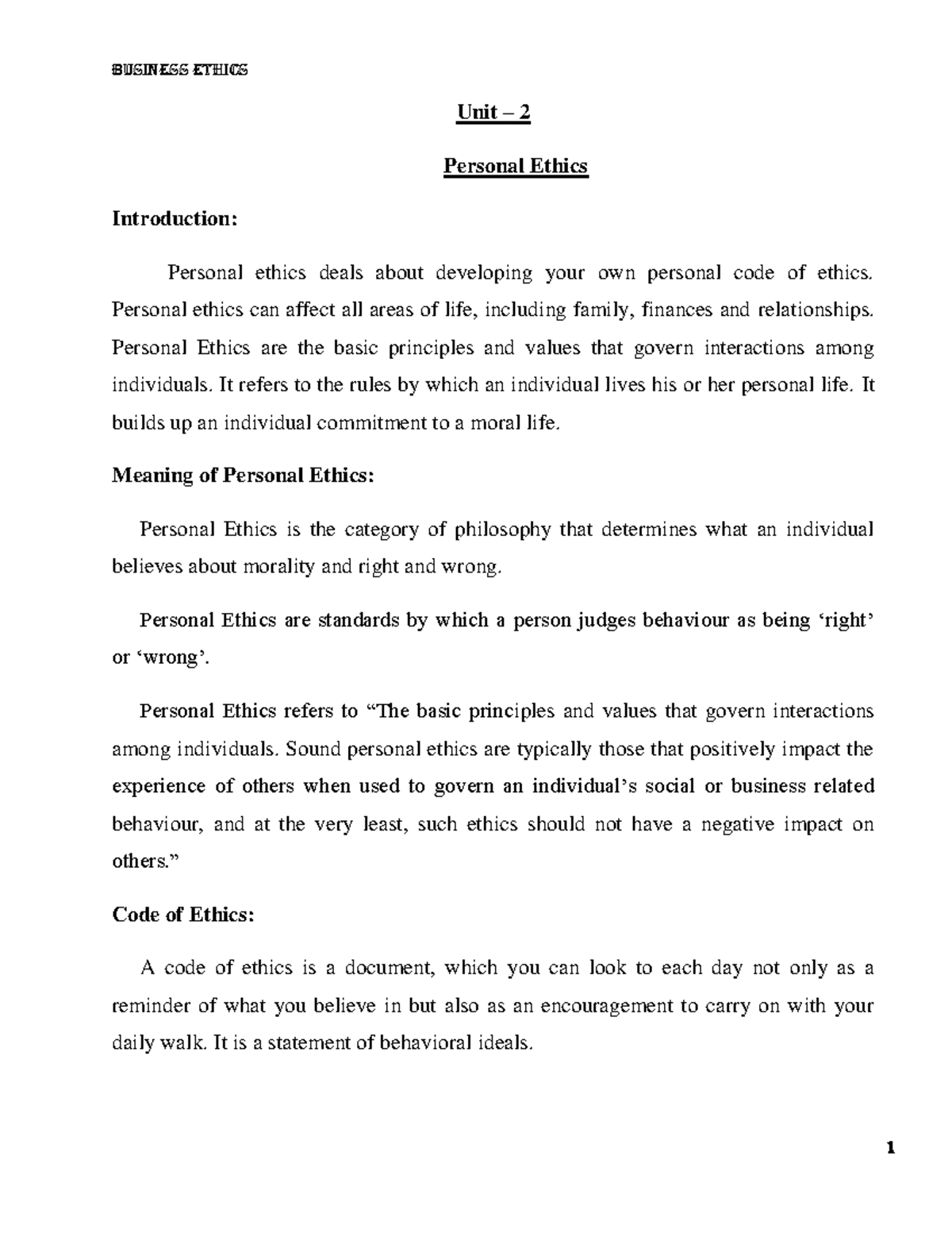 Business Ethics - Unit 2: Personal Ethics and Key Principles - Studocu