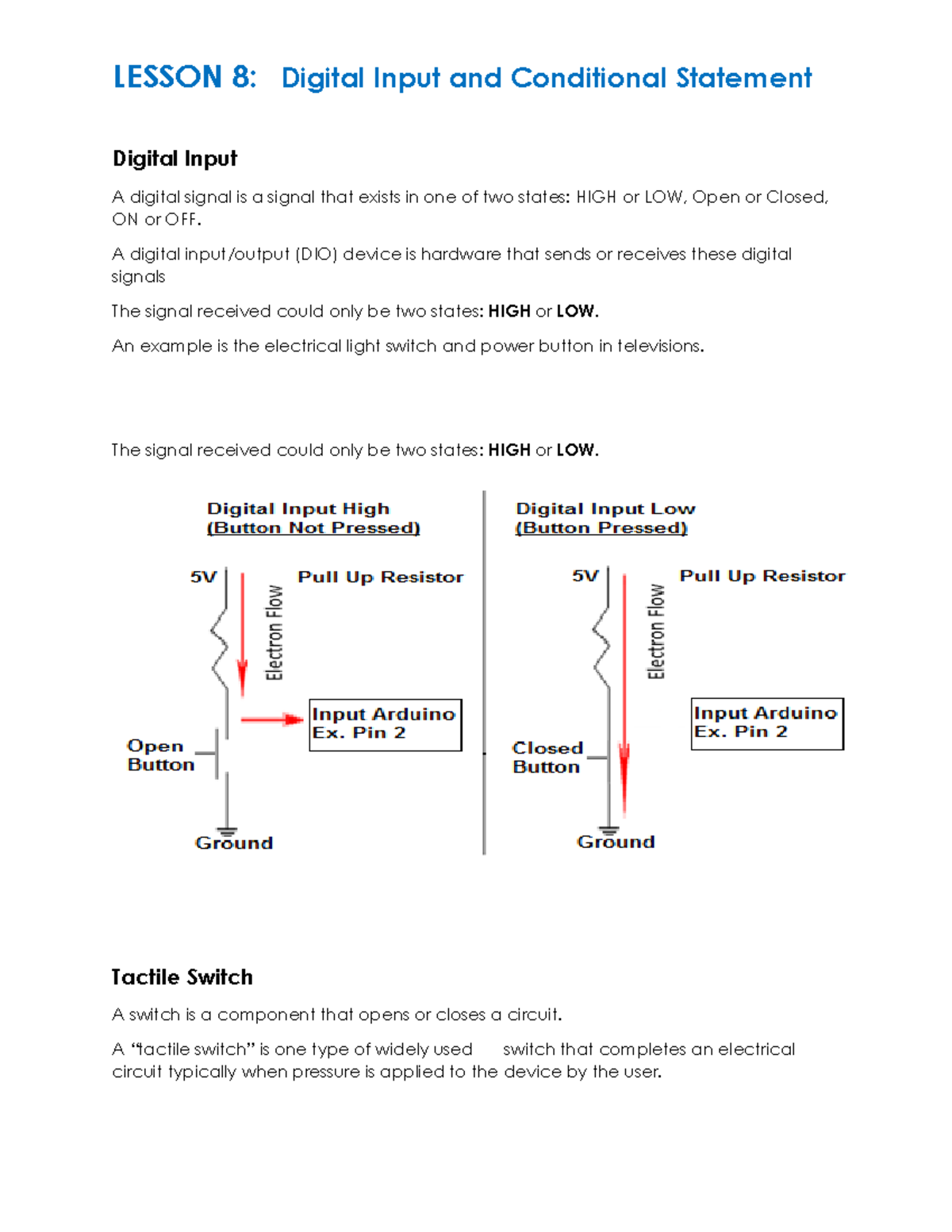 Lesson 8 - Digital Input & Conditional Statements Overview - Studocu