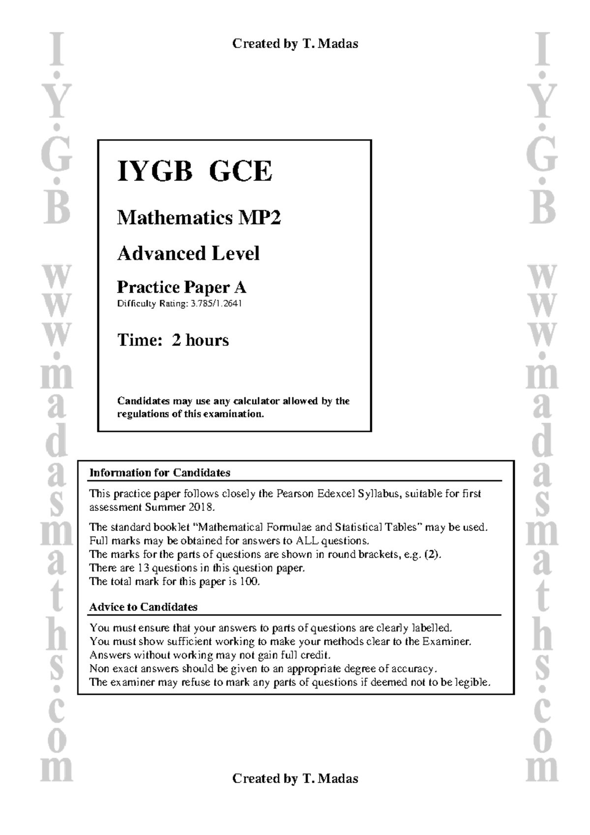 MP2 GCE Mathematics Advanced Level Practice Paper A - Difficulty Rating ...