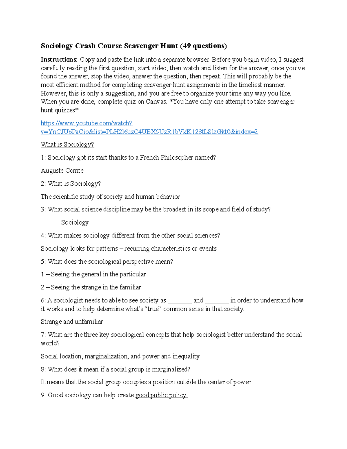 Sociology Crash Course Scavenger Hunt Questions (48 Items) - Studocu