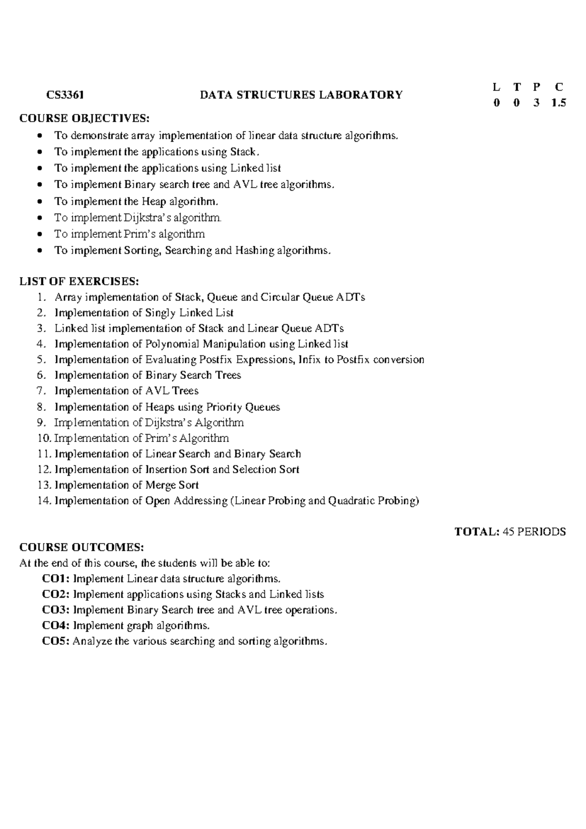CS3361 Data Structures Laboratory: Comprehensive Lab Manual - Studocu