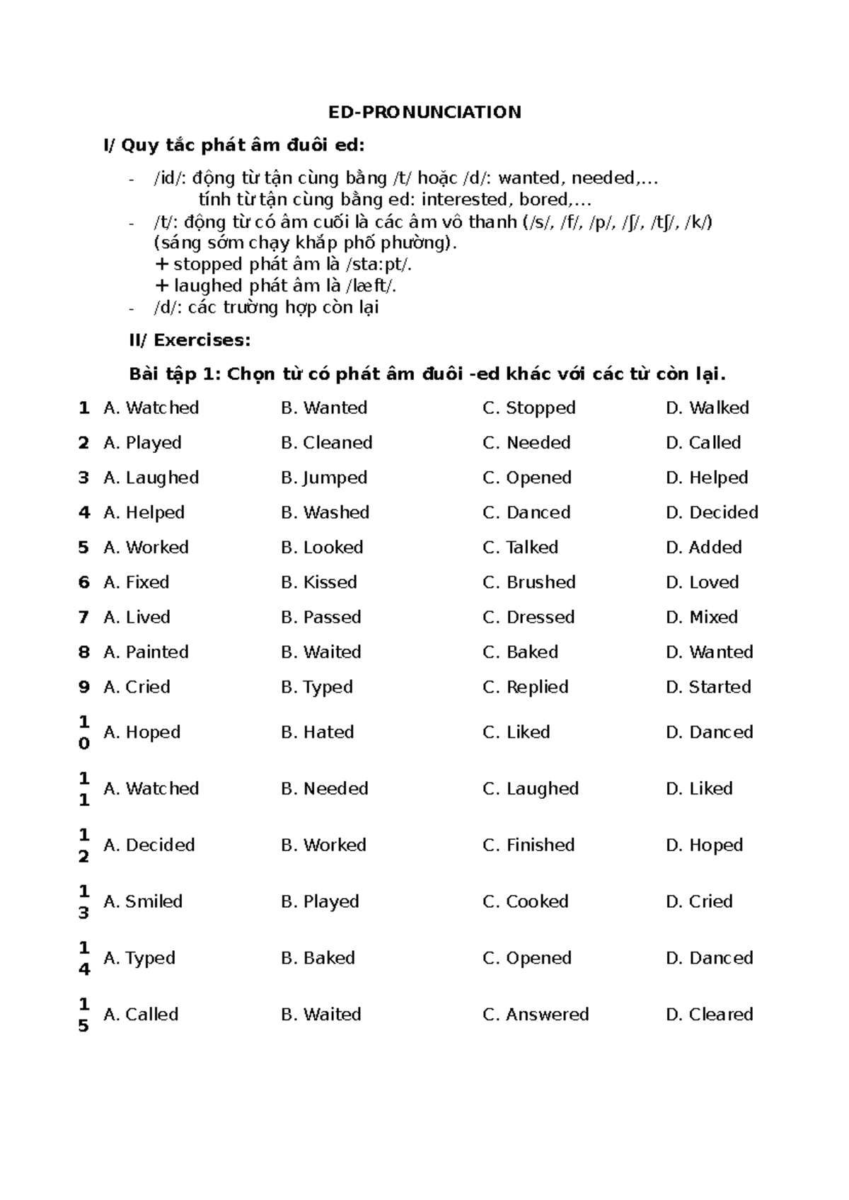 ED Pronunciation Exercises on -ed Endings - bài tập ed - Studocu