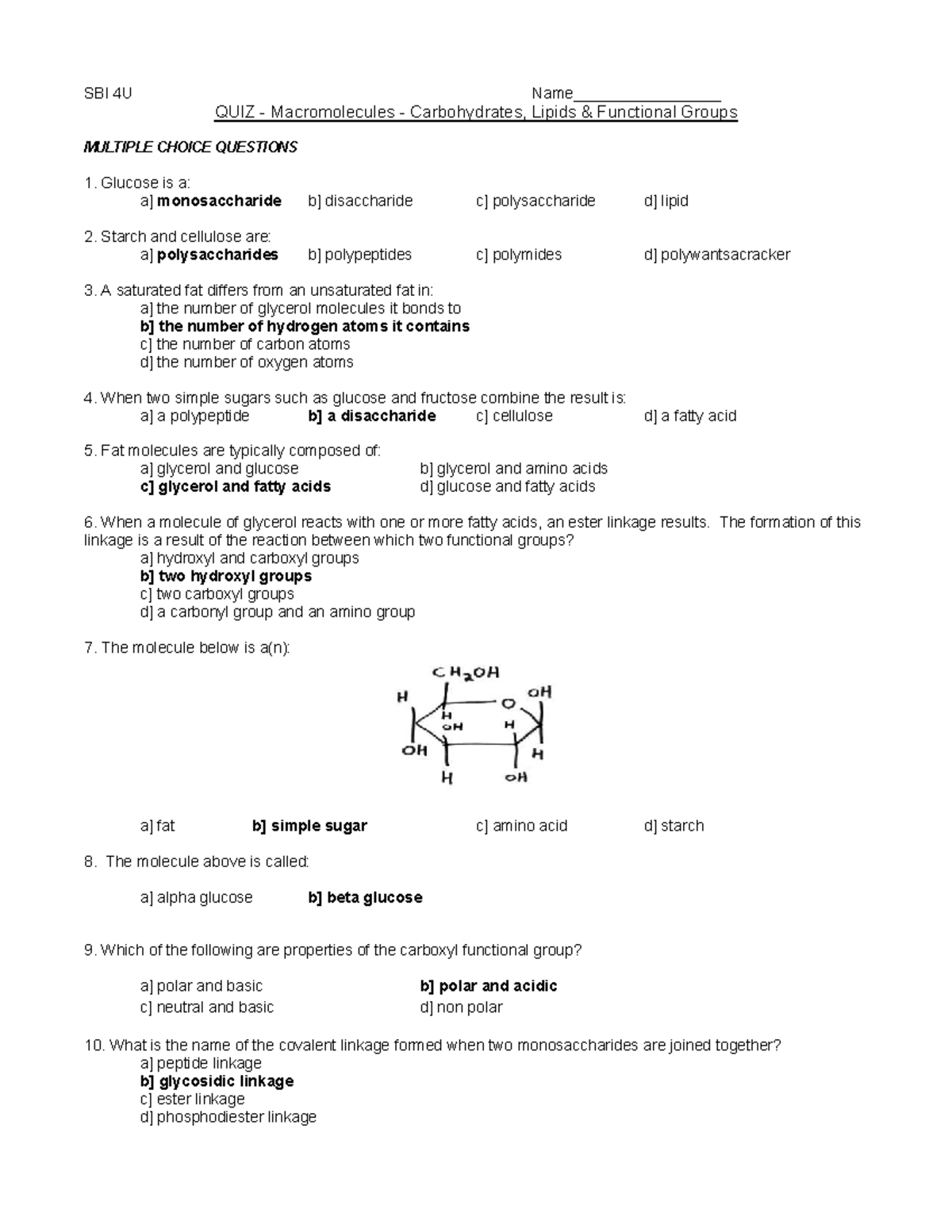 SBI 4U QUIZ: Macromolecules - Carbohydrates & Lipids MCQs - Studocu