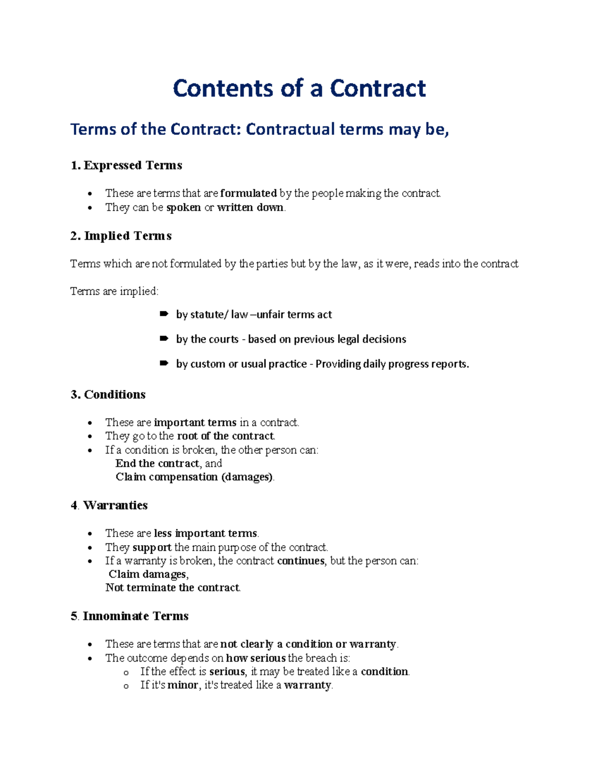 Contractual Terms Explained: Expressed, Implied, Conditions & Warranties - Studocu