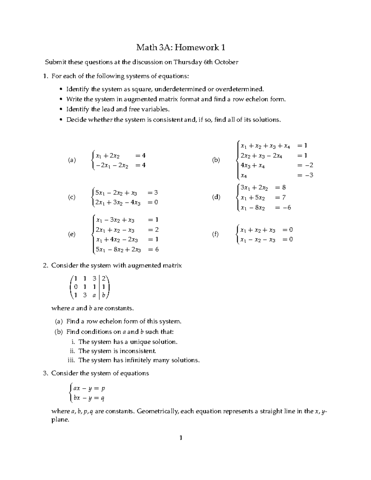 Math 3A: Homework 1 - Systems of Equations Analysis and Solutions - Studocu