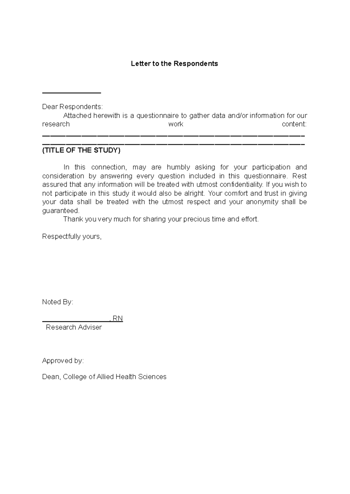 Research Questionnaire Respondent Letter Template - Studocu