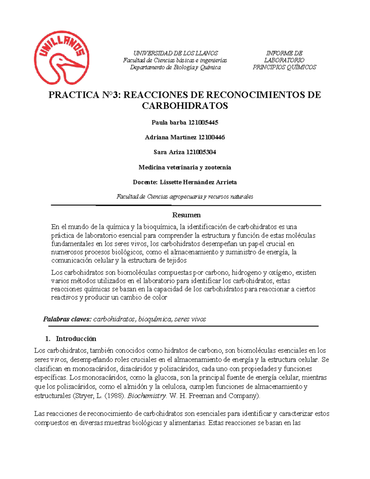 Informe de Laboratorio: Reacciones de Reconocimiento de Carbohidratos - Biología - Studocu