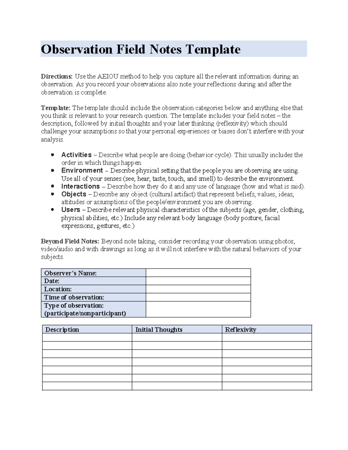 AEIOU Observation Field Notes Template for Research - Studocu