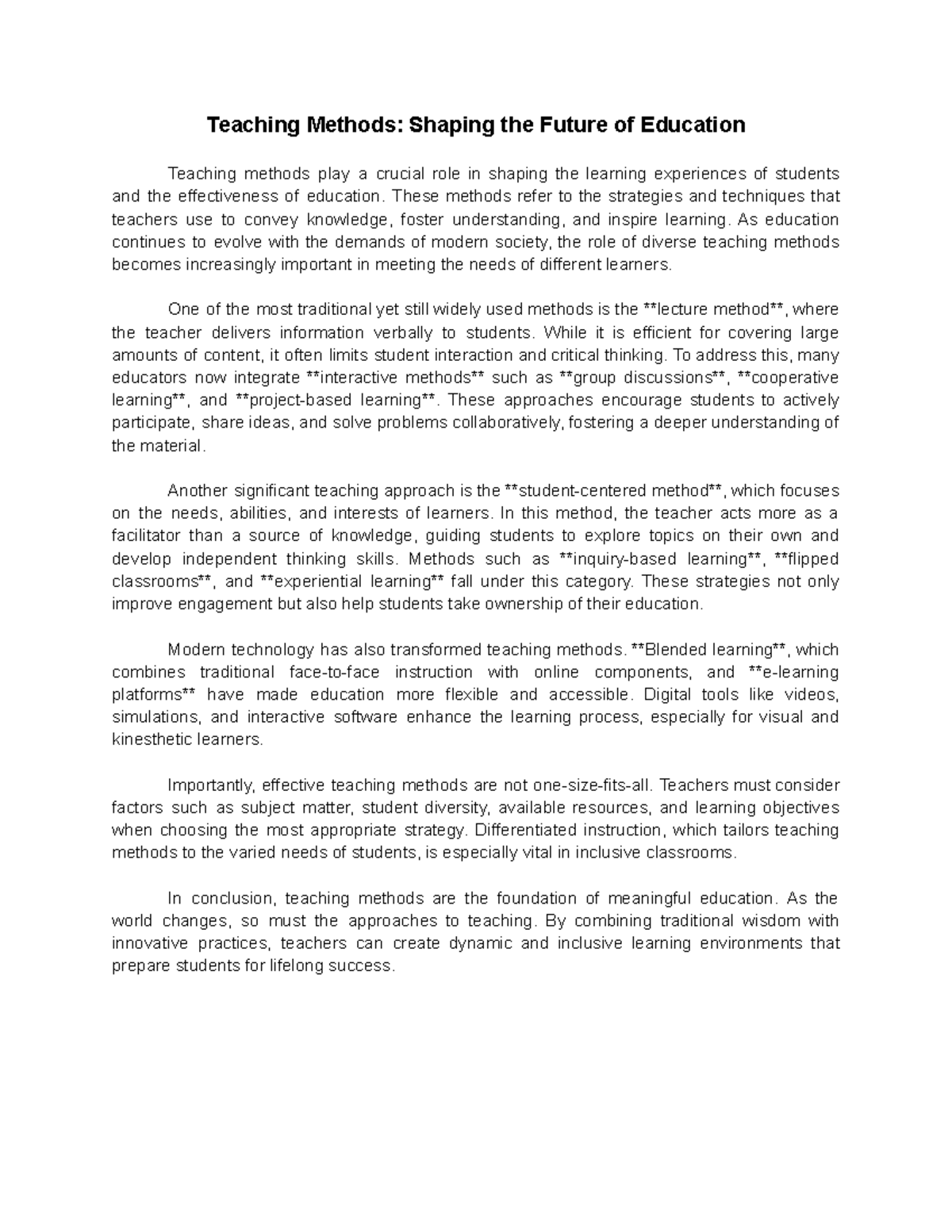 Teaching Methods: Strategies for Effective Education - Essay - Studocu