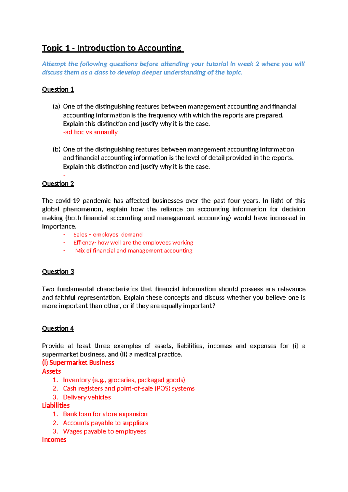 Topic 1 ACC101 Tutorial Questions: Understanding Accounting Concepts ...