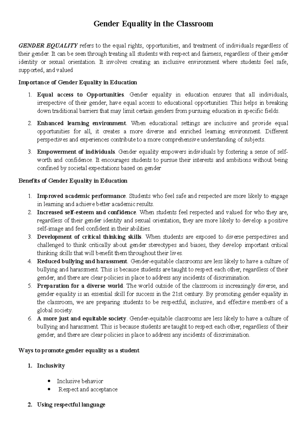 Gender Equality in Education: Ensuring Inclusivity and Respect - Studocu