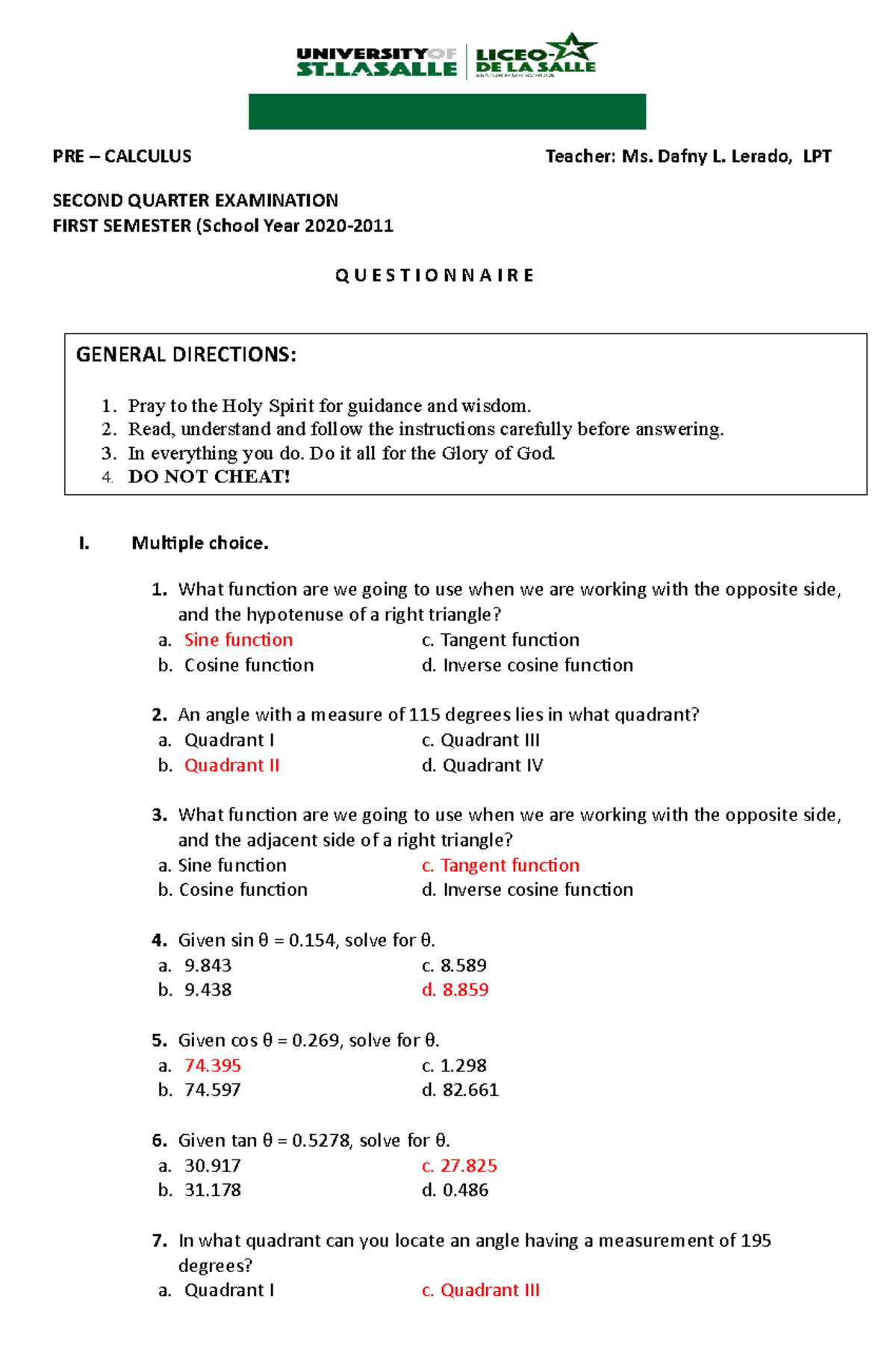 2ND QTR Precalculus Exam - Senior High School Review Questions - Studocu