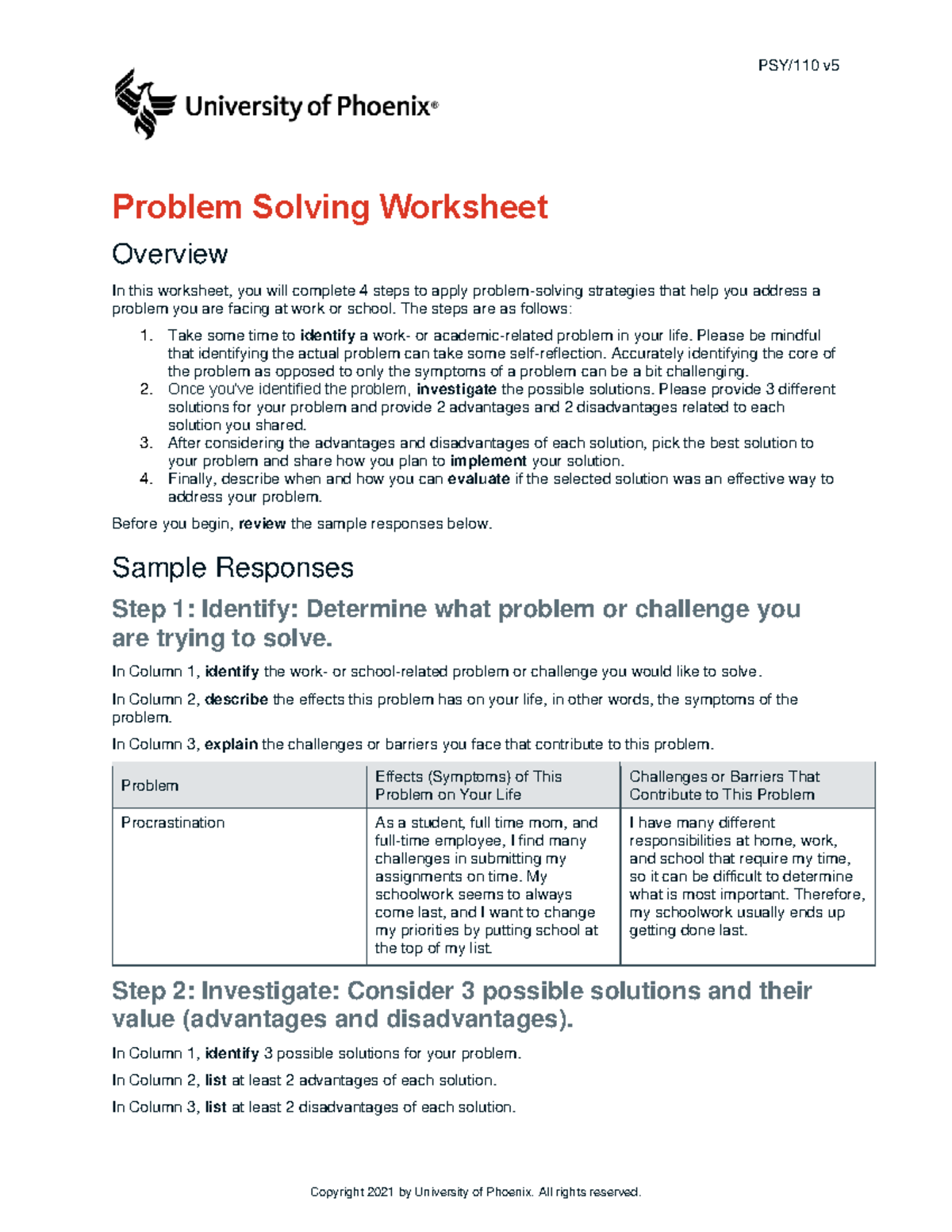 Psy110 v5 wk4 problem solving worksheet - PSY/110 v Problem Solving ...