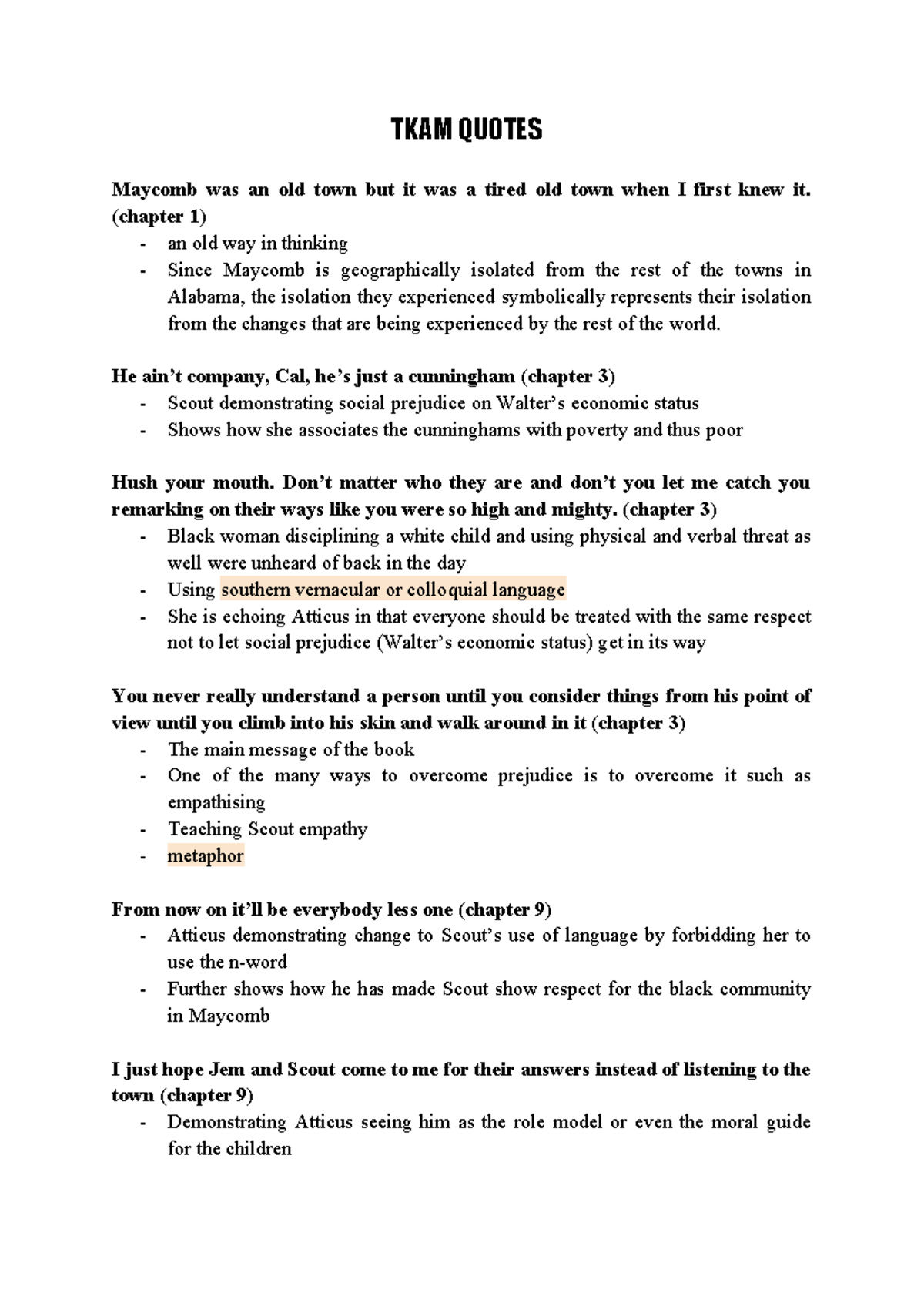 TKAM Quotes Analysis: Themes of Prejudice and Empathy in Chapters 1-23 ...