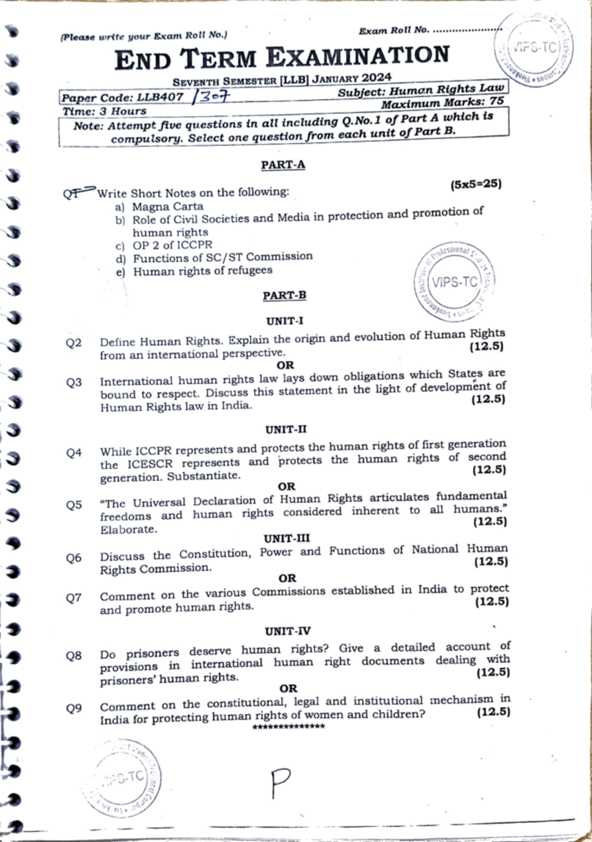 Human Rights PYQ - PYQ - (Please write your Exam Roll No.) Exam Roll No ...