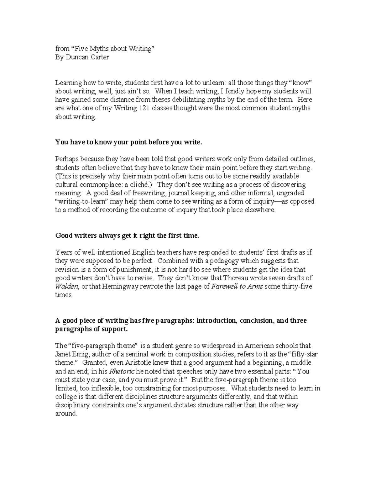 Carter Writing 121: Debunking 5 Common Myths About Writing - Studocu