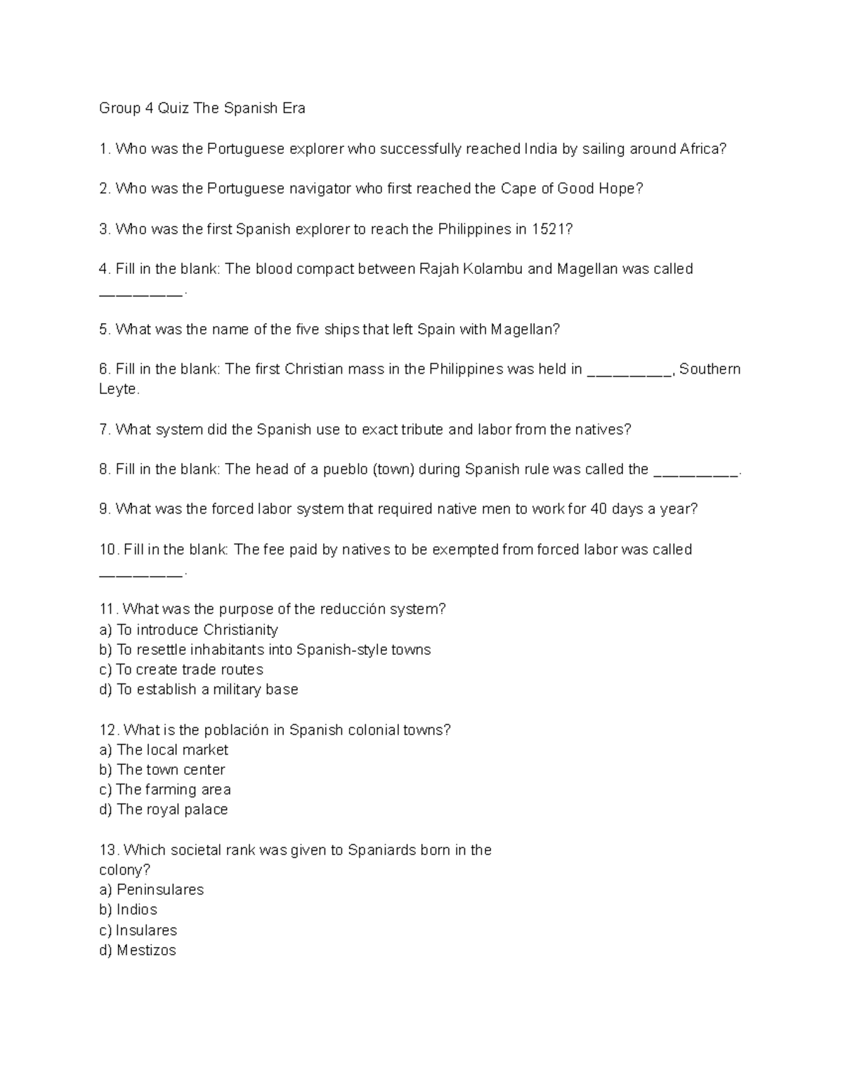 Quiz: The Spanish Era (Group 4) - Key Questions and Answers - Studocu