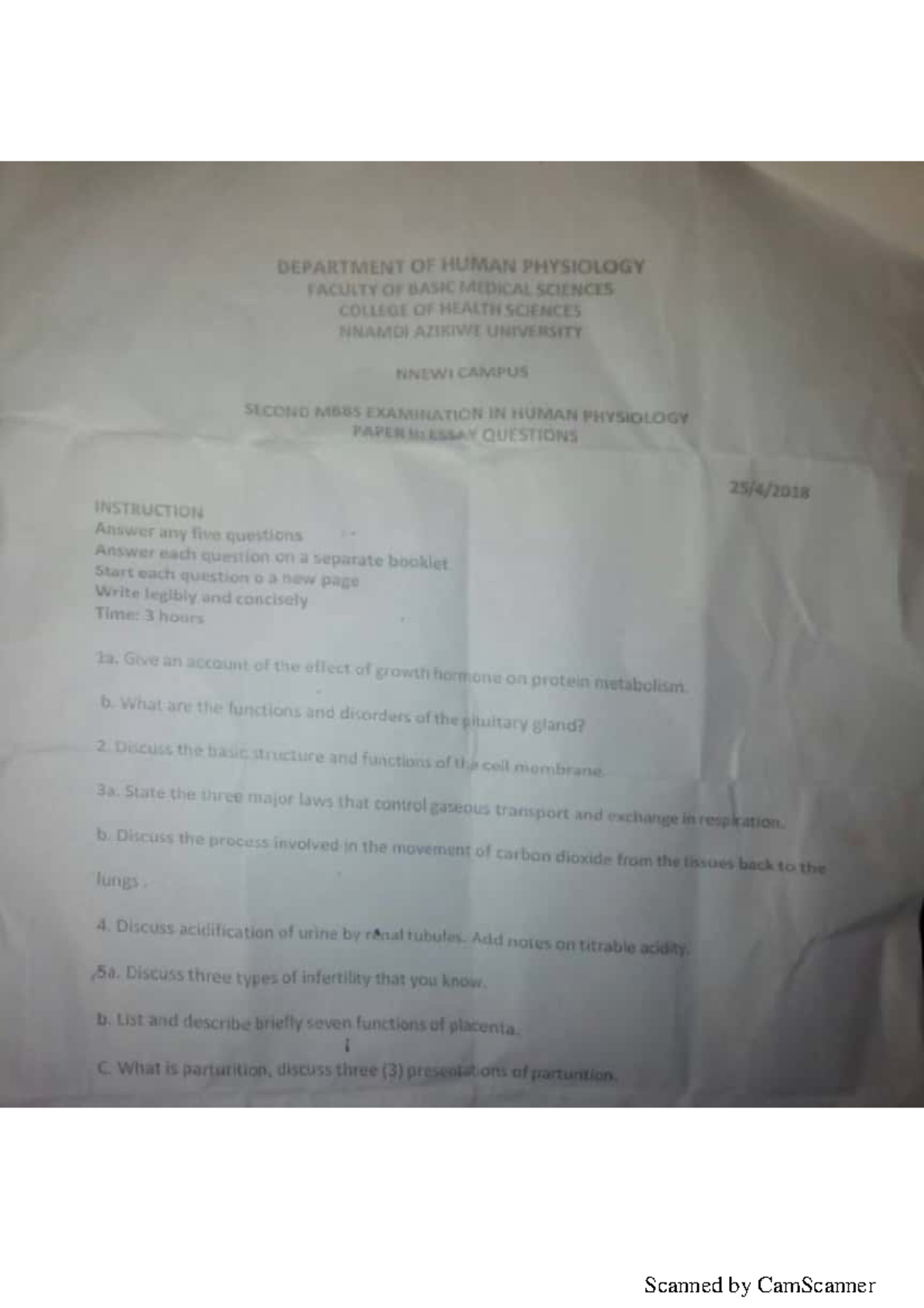 Pio past questions - DEPARTMENT OF HUMAN PHYSIOLOGY FACULTY or BASIC ...