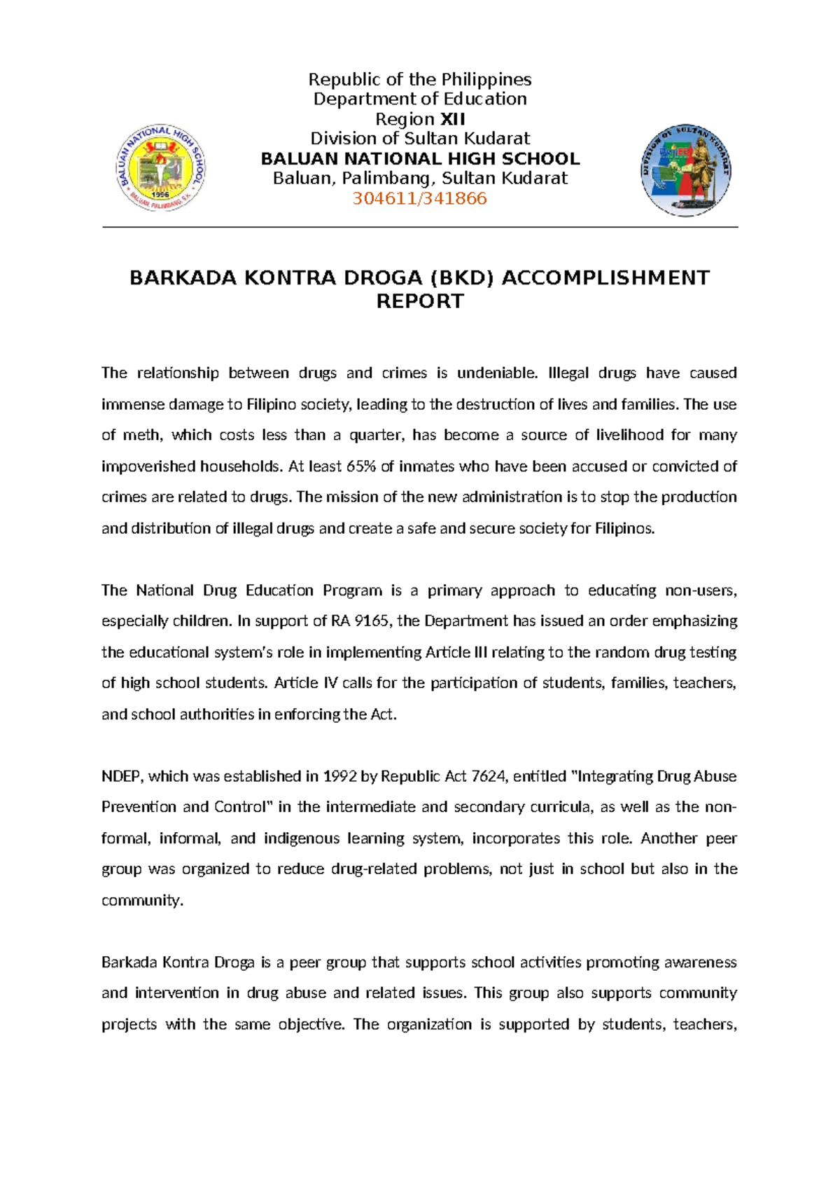 Accomplishment Report: Barkada Kontra Droga (BKD) 2024 - Studocu