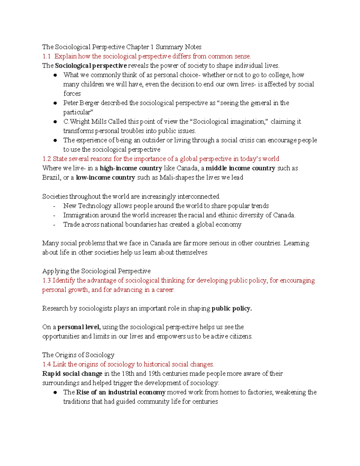 Sociological Perspective CH 1 Summary Notes & Key Concepts - Studocu