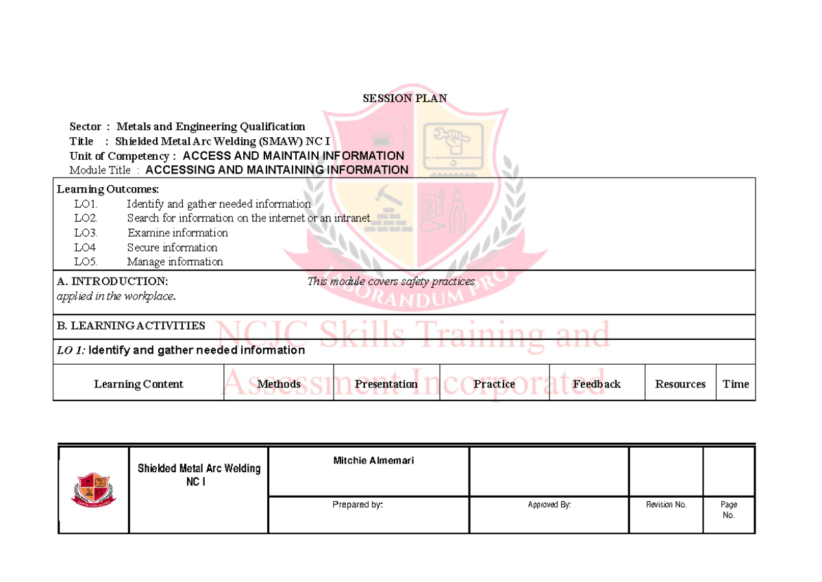 SESSION PLAN: Shielded Metal Arc Welding (SMAW) NC I - Accessing Info ...